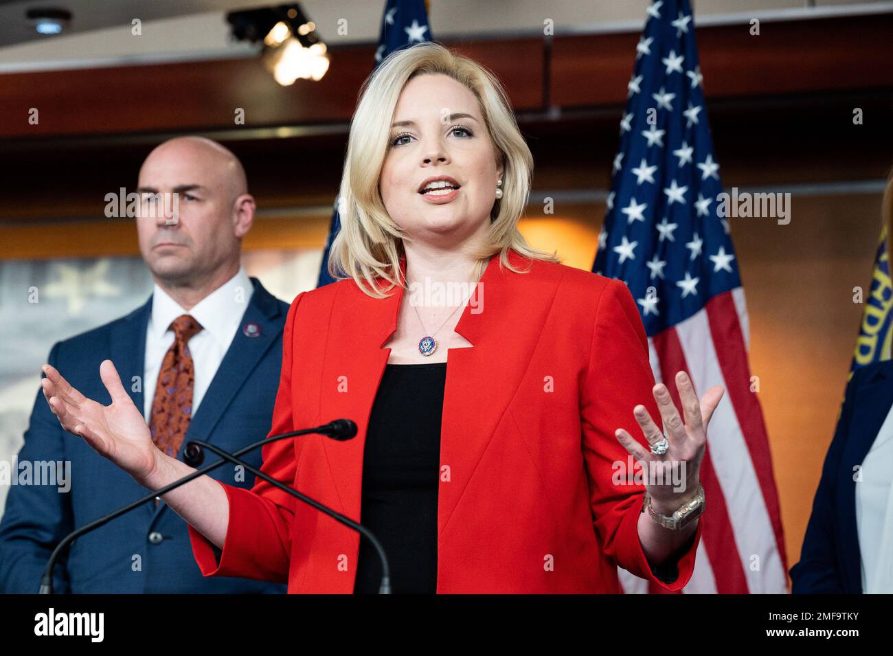 U.S. Representative Ashley Hinson (R-IA) speaking at a press conference ...