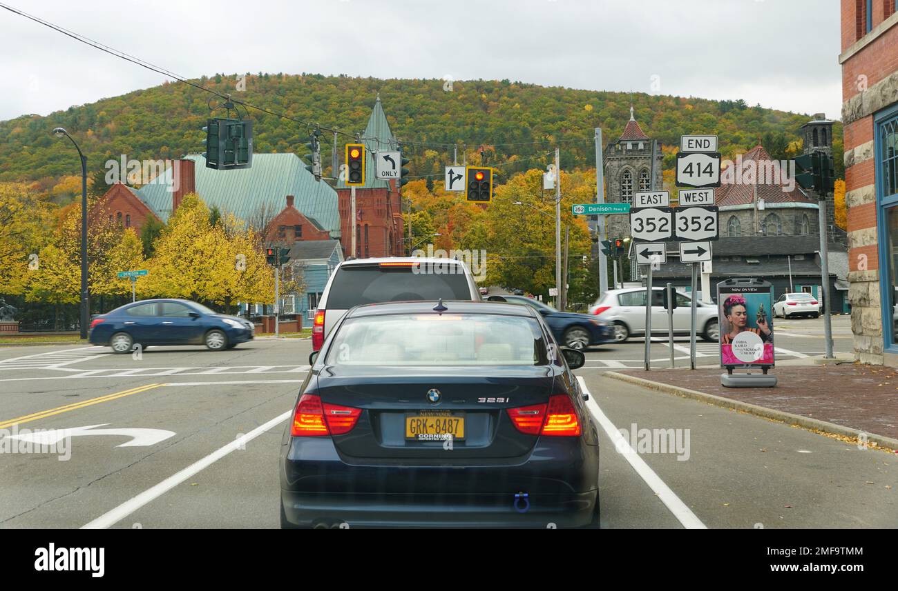 Corning, New York, U.S.A - October 18, 2022 - The traffic lights on ...