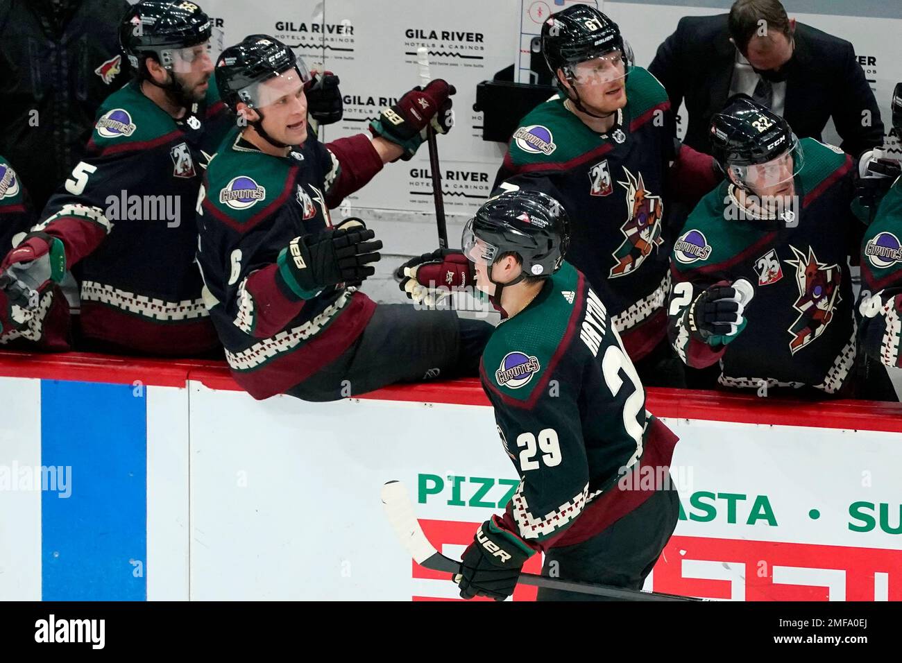 Arizona Coyotes center Barrett Hayton (29) celebrates his goal against ...