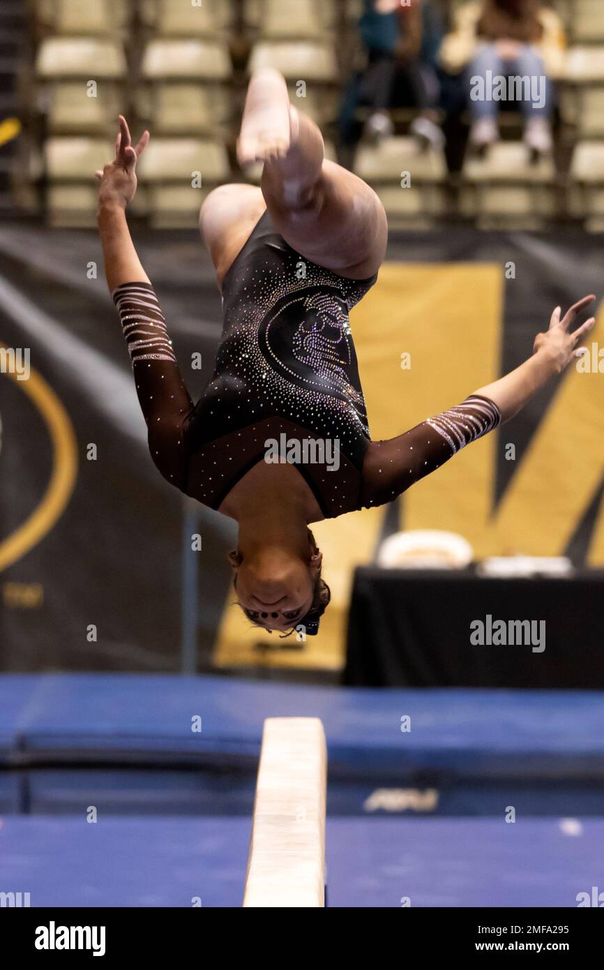 Missouri's Amaya Marshall competes on the balance beam during an NCAA ...