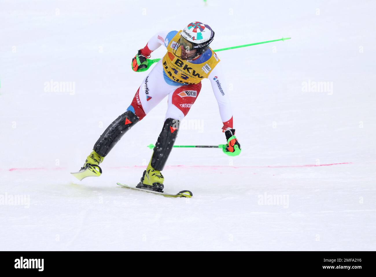 Switzerland's Luca Aerni crosses the finish line of an alpine ski, men ...