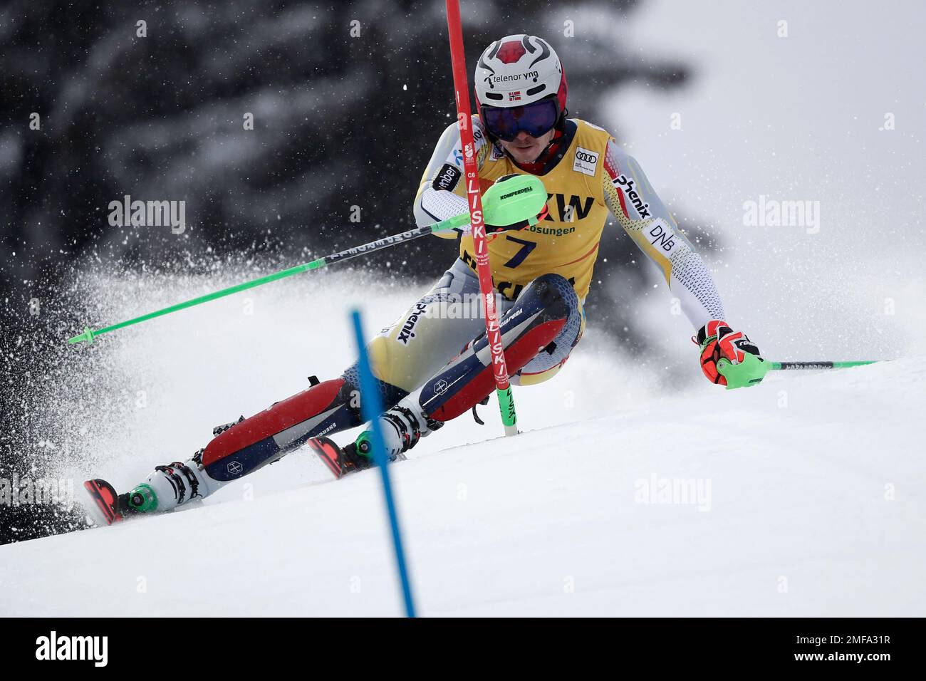 Norway's Henrik Kristoffersen speeds down the course during an alpine ...