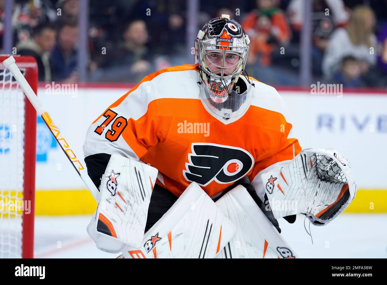 Philadelphia Flyers' Carter Hart plays during an NHL hockey game ...