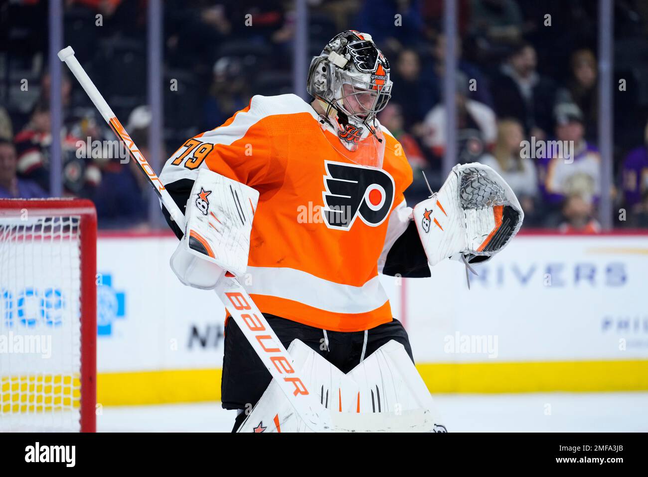 Philadelphia Flyers' Carter Hart plays during an NHL hockey game ...