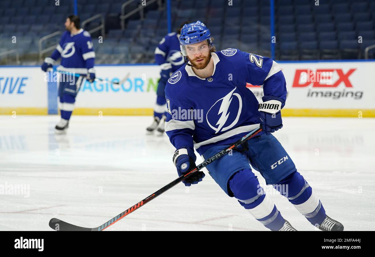 Tampa Bay Lightning center Brayden Point (21) before an NHL hockey game ...
