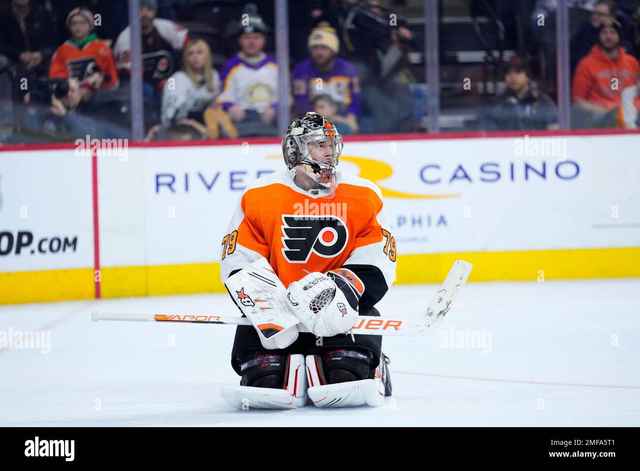 Philadelphia Flyers' Carter Hart plays during an NHL hockey game ...