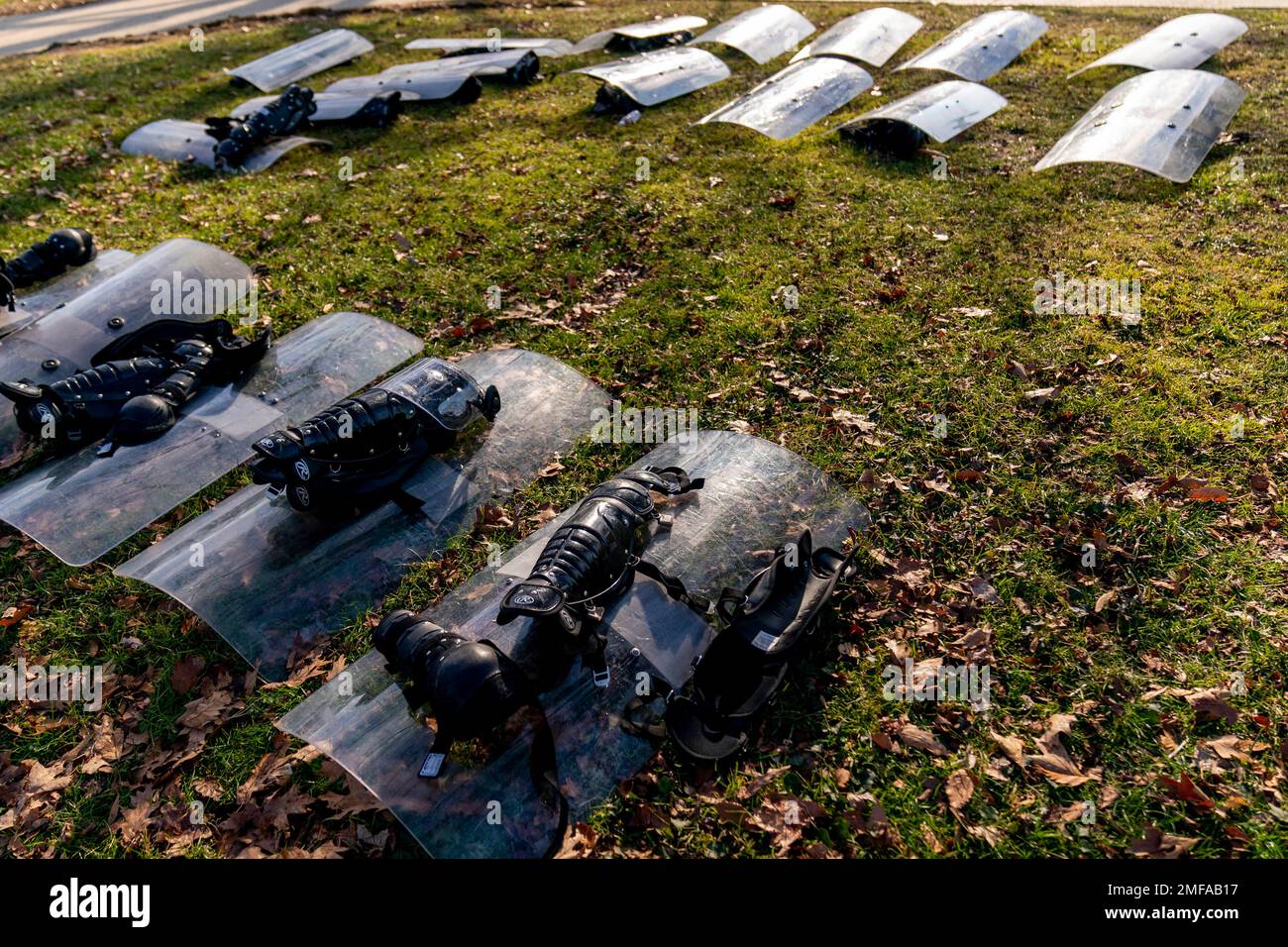 Riot gear is laid out on a field on Capitol Hill in Washington ...