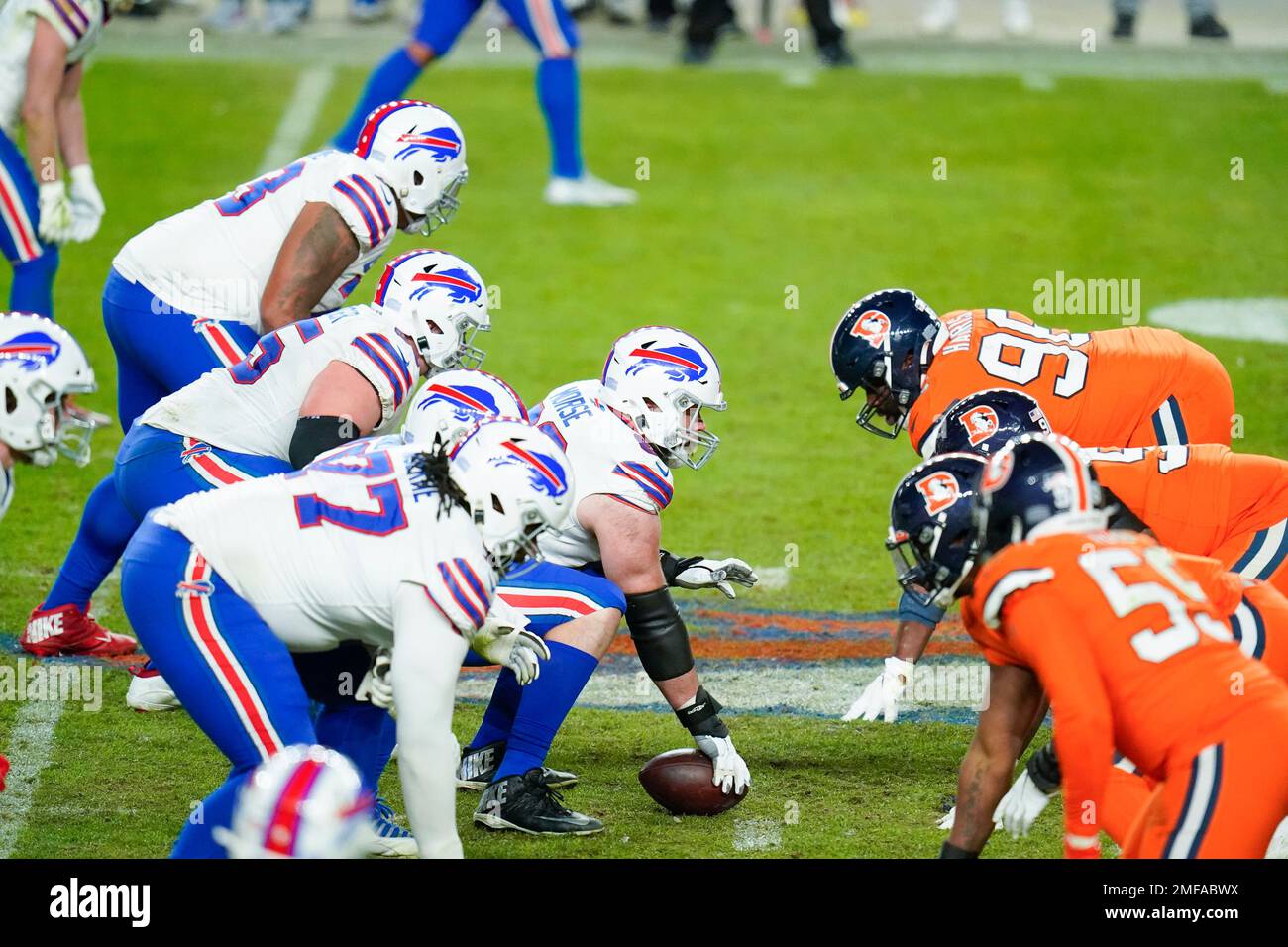 The Buffalo Bills offense lines up against the Denver Broncos defense ...