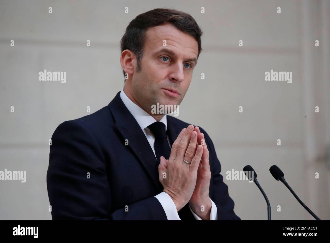 French President Emmanuel Macron delivers his speech to the French ...
