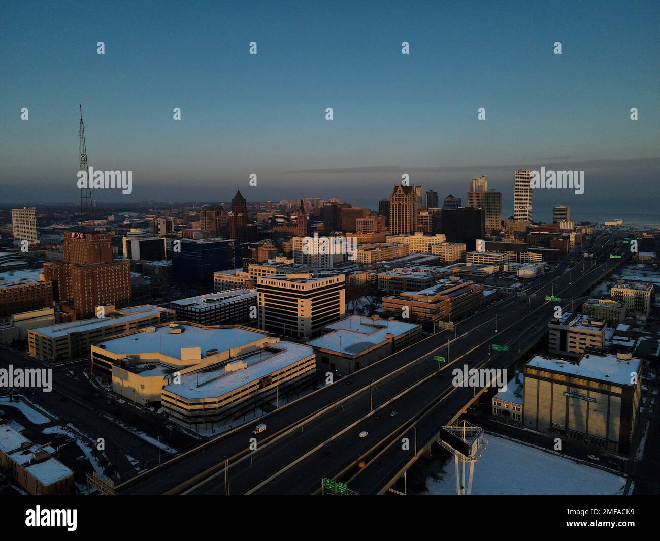 This image taken with a drone shows the Milwaukee skyline Tuesday, Jan ...