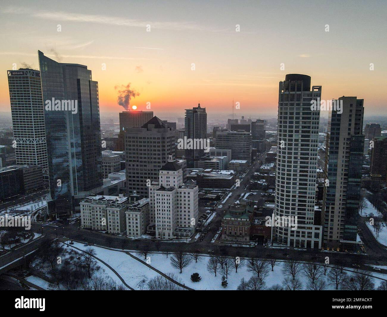 This image taken with a drone shows the Milwaukee skyline Tuesday, Jan ...
