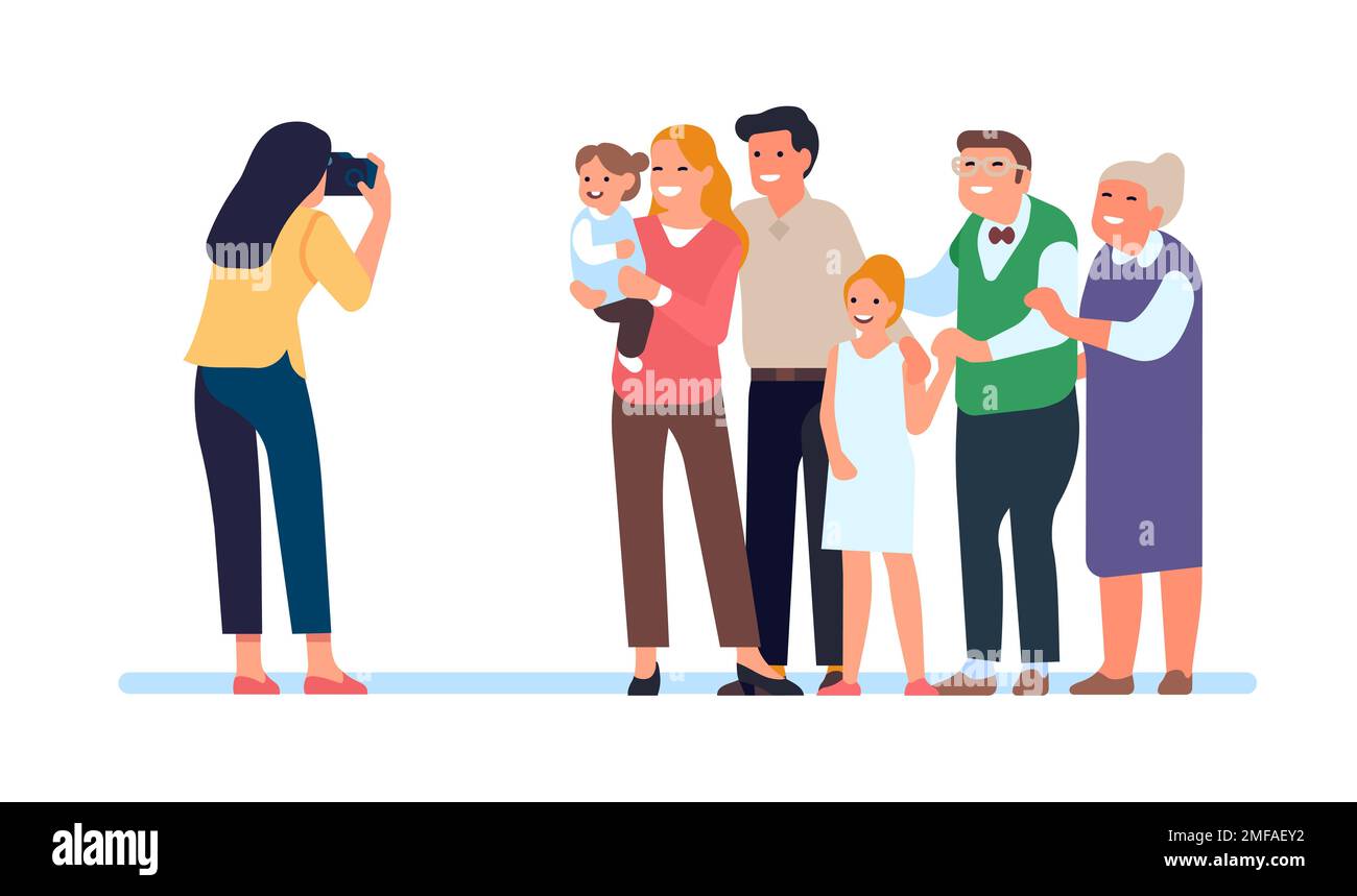 Family poses for group photo. Parents and children portrait. People ...