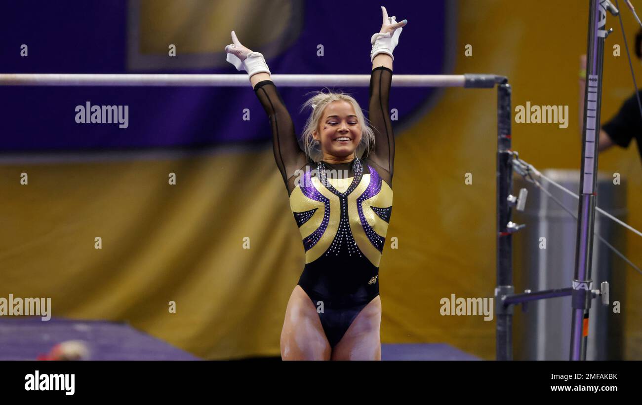 LSU gymnast Olivia Dunne competes during an NCAA gymnastics meet ...