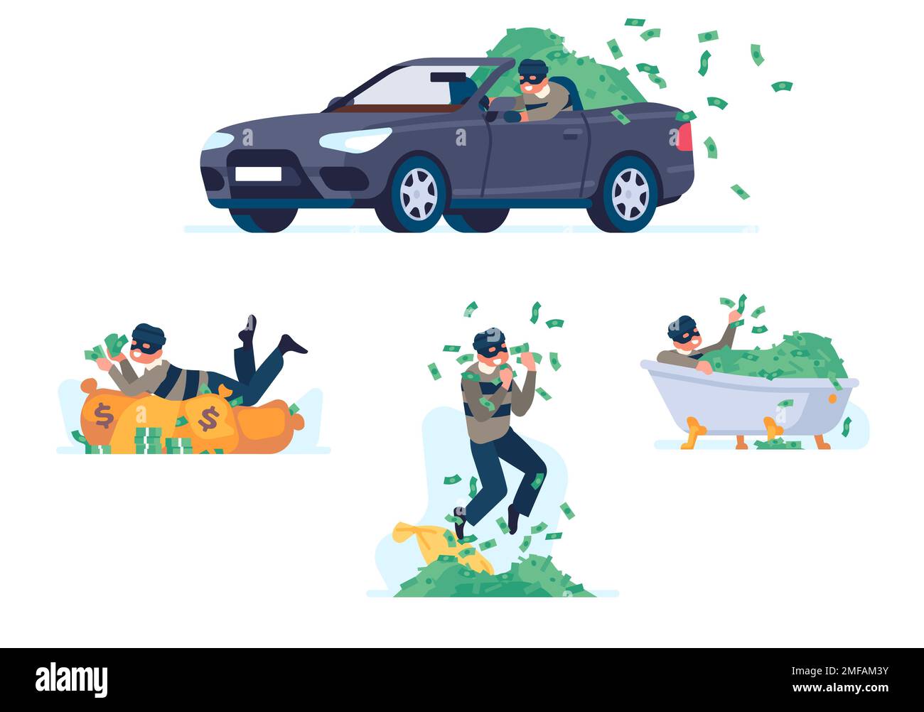 Robber with money. Successful gangster. Wealthy bandit. Banknotes heap ...