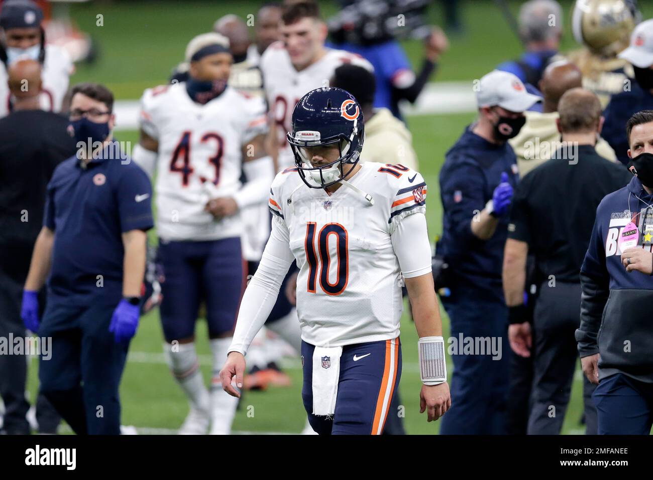 Chicago Bears quarterback Mitchell Trubisky (10) walks off the field ...