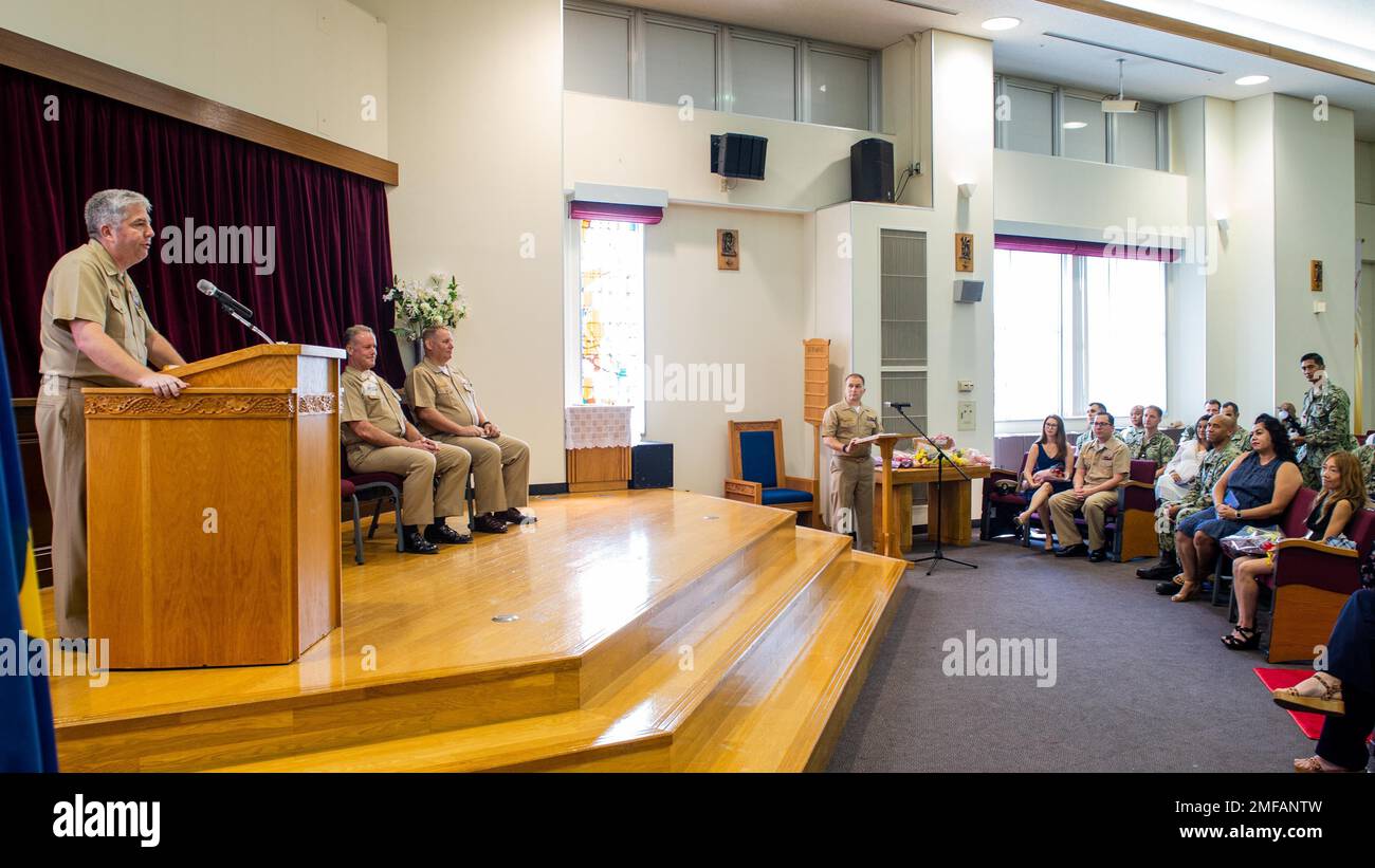 SASEBO, Japan (August 18, 2022) - Capt. Scott Hattaway delivers remarks ...