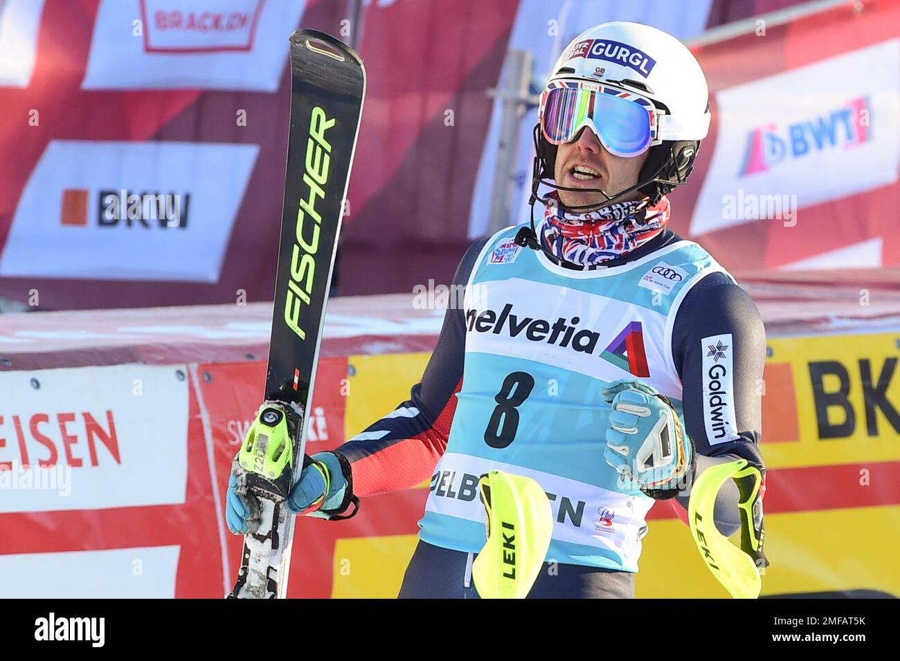 Britain's Dave Ryding celebrates his third place after completing an ...