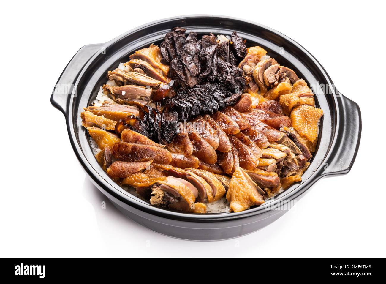 Lap mei fan or waxed meat rice on white background. It is Chinese ...