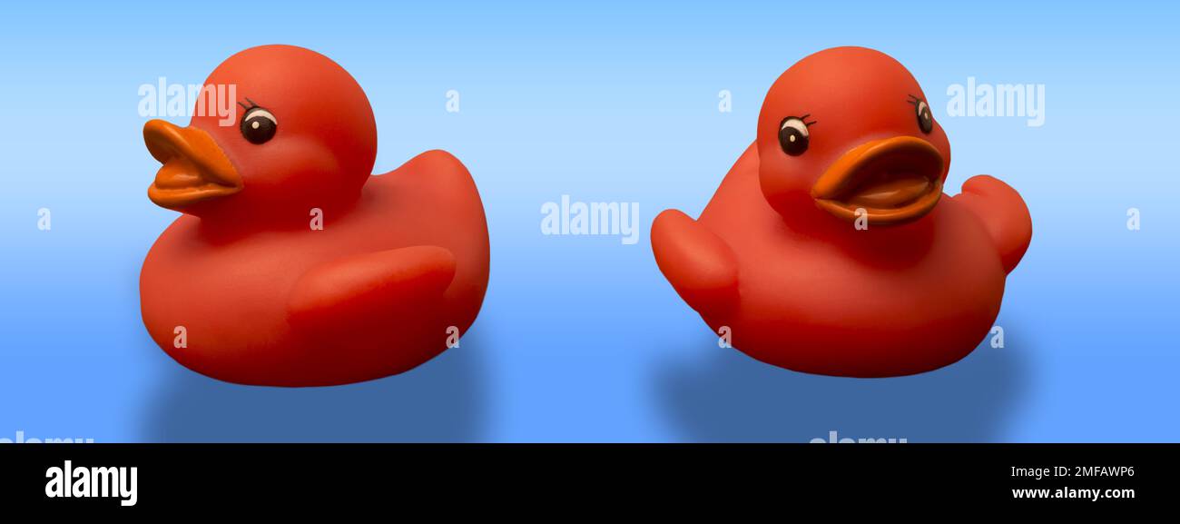 Red rubber ducks isolated on light blue background Stock Photo - Alamy