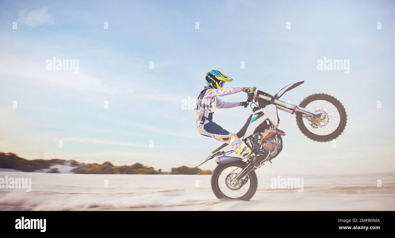 Motorbike, motorcycle athlete and desert drive with mockup cycling in ...