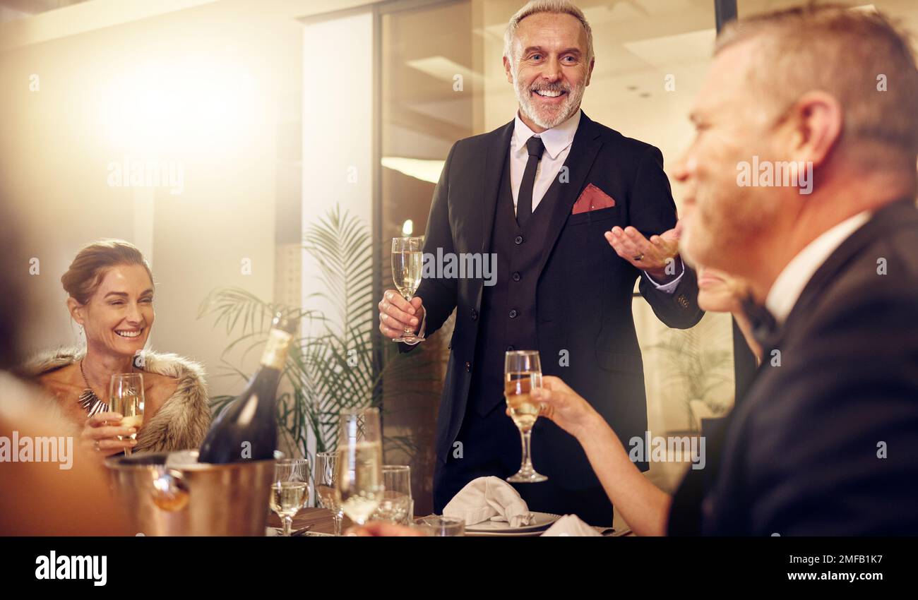 Man, toast and night at restaurant party with friends, business ...