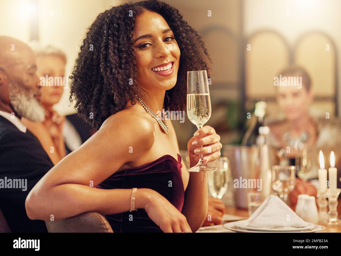 Portrait, black woman or champagne glass for celebration, party or ...