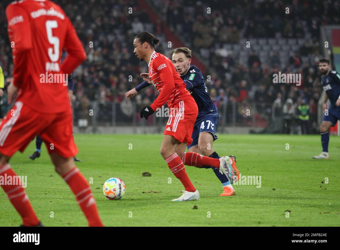 Munich, Germany. 24th January, 2023. # 10 Leroy Sané, #47 Mathias OLESEN, during the Bundesliga ...