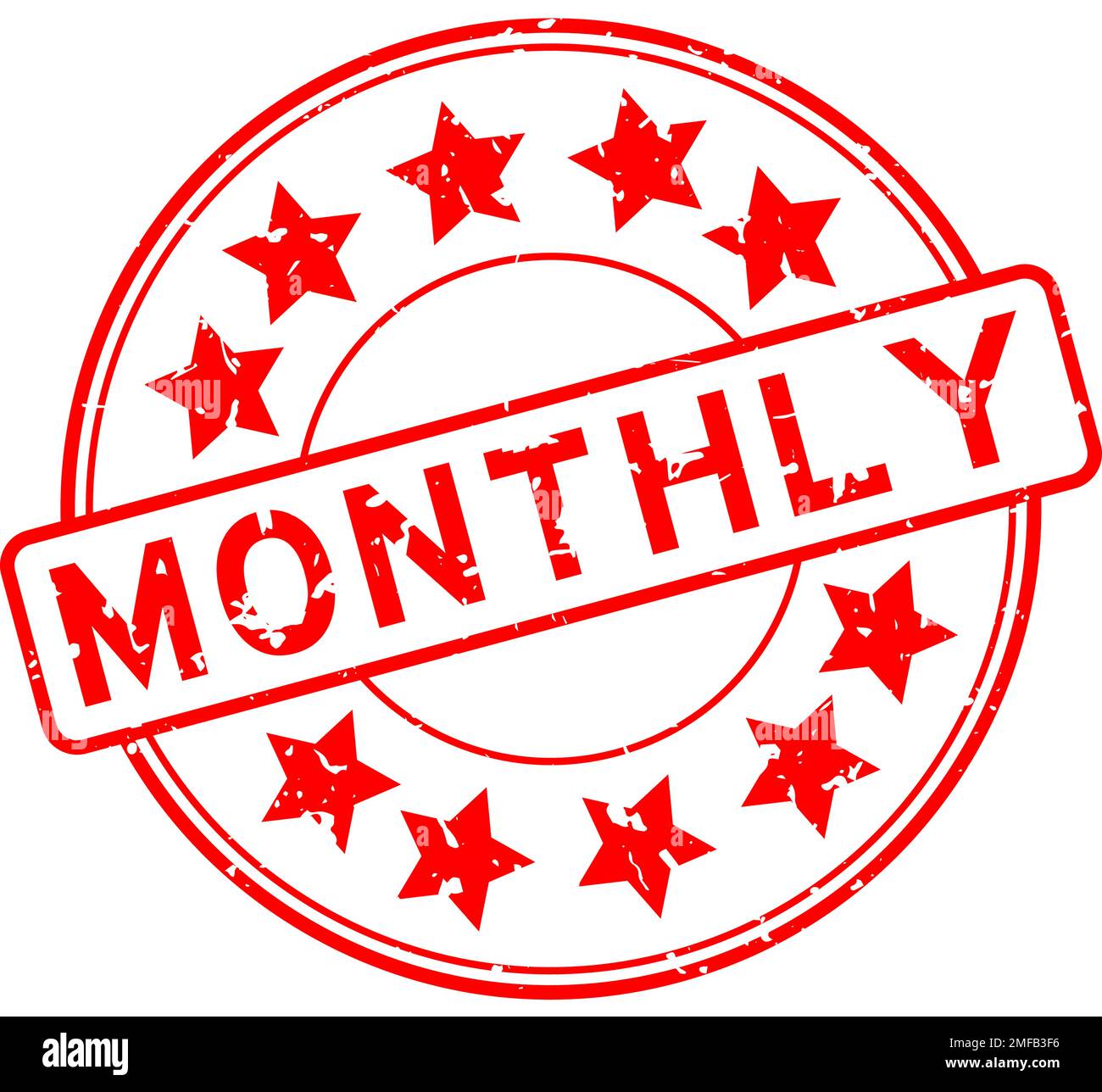 Grunge red monthly word with star icon round rubber seal stamp on white ...