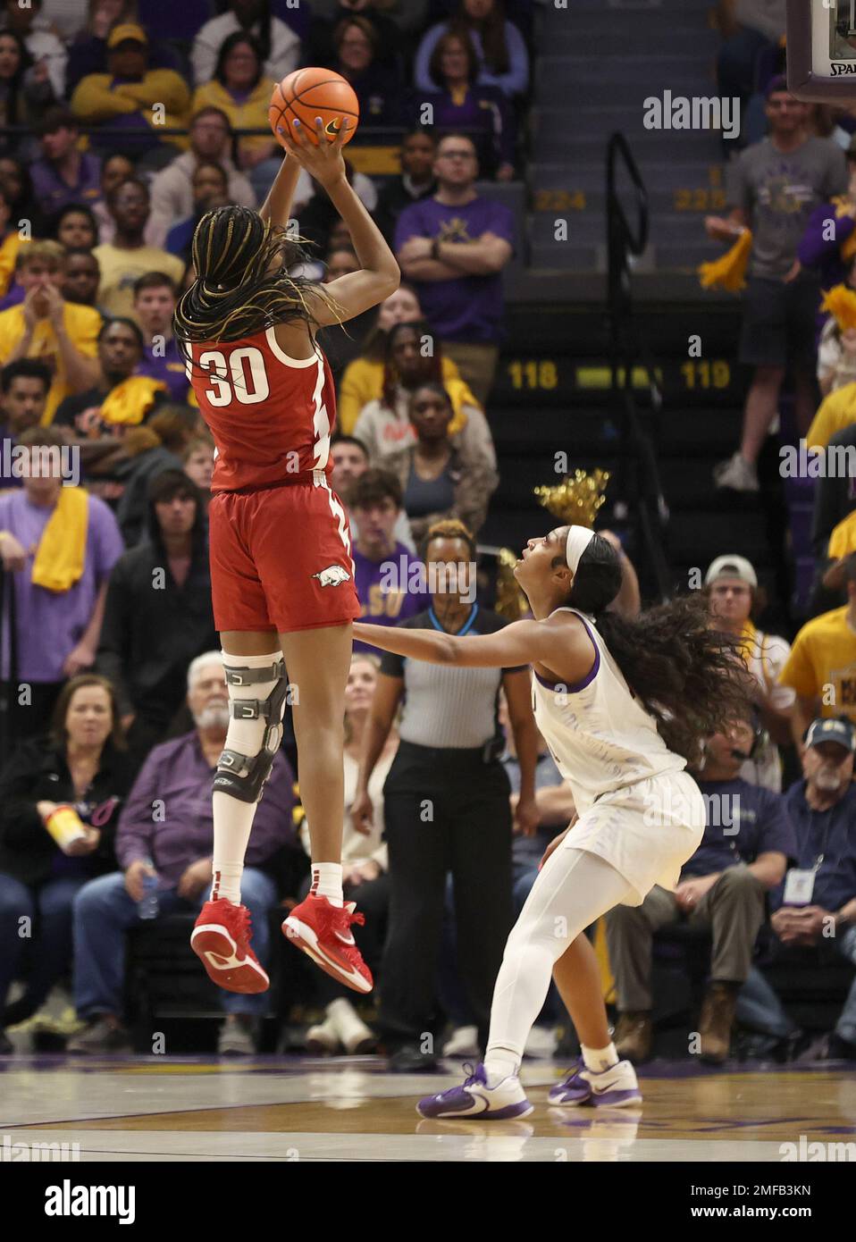 Arkansas Razorbacks forward Maryam Dauda (30) shoots a jumper on LSU ...