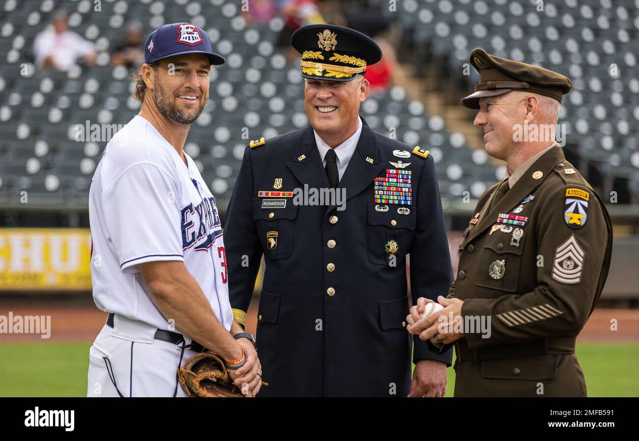 Matt Hagen (left), Round Rock Express manager, enjoys a conversation ...