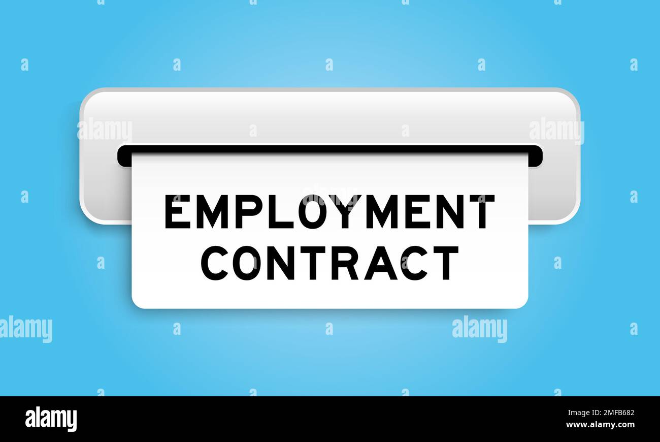White coupon banner with word employment contract from machine on blue ...