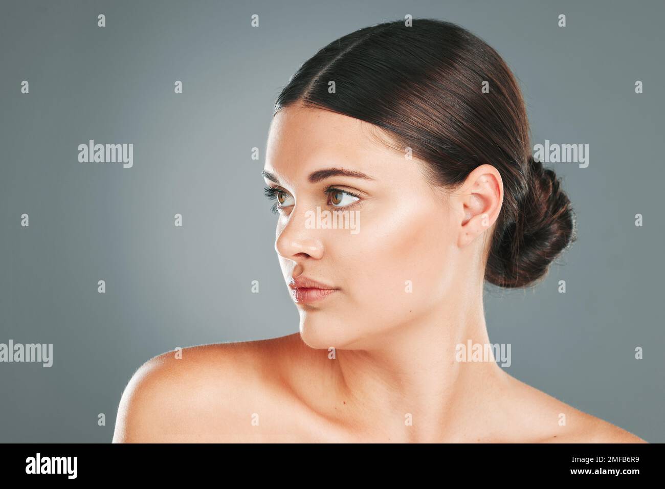 Woman, beauty and face in studio for skincare, wellness and facial ...