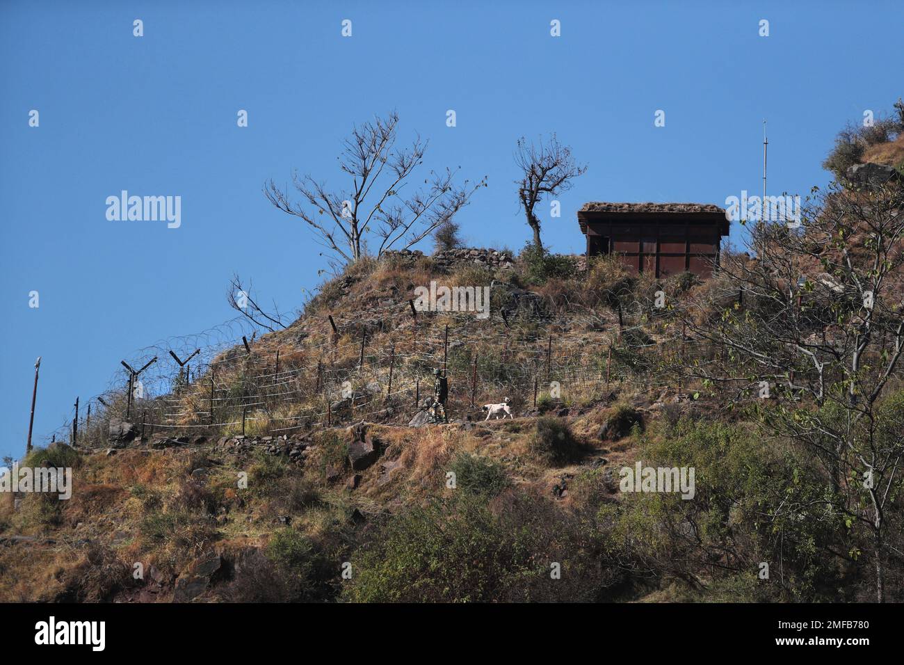 An Indian army soldier patrols near a fencing at a forward post along ...