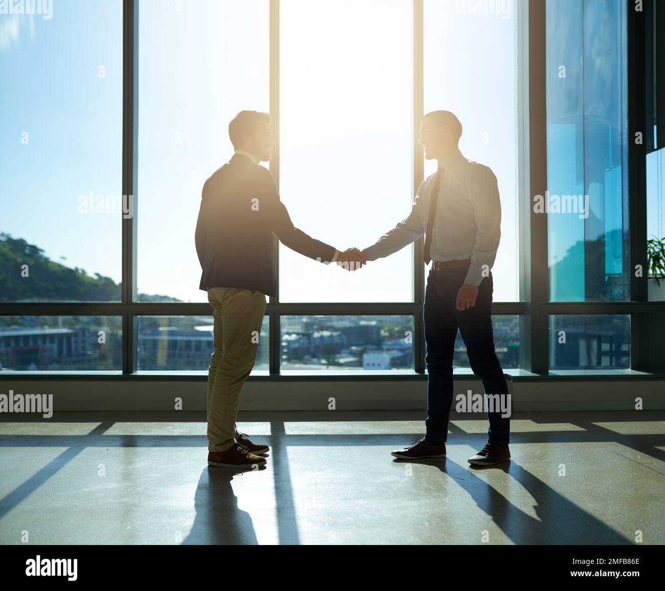Their first time meeting face to face. Full length shot of two handsome ...