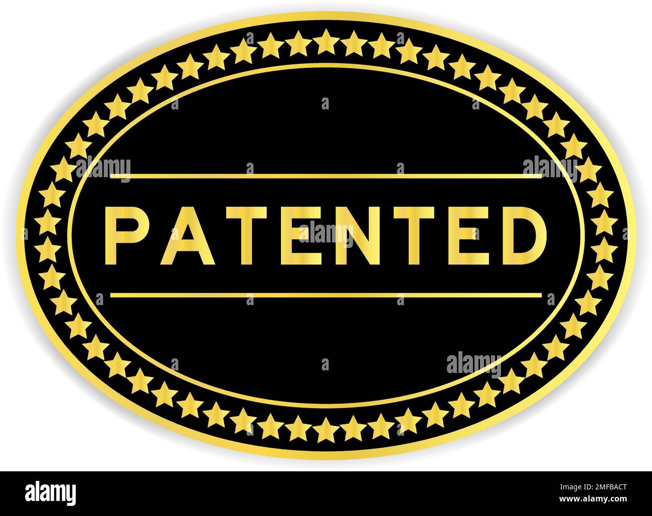 Black and gold color oval label sticker with word patented on white ...