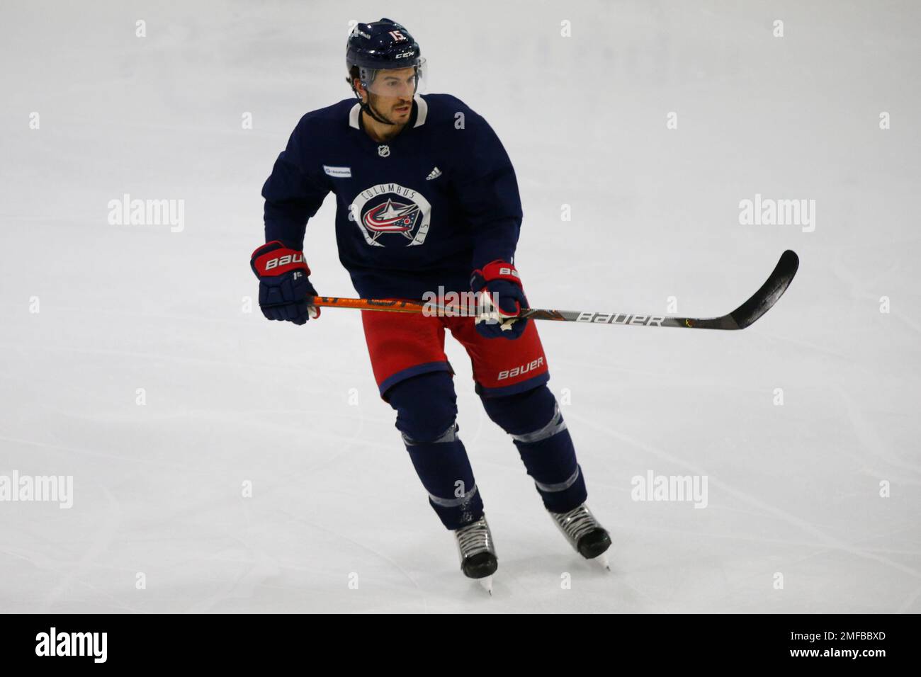Columbus Blue Jackets' Michael Del Zotto runs a drill during an NHL ...
