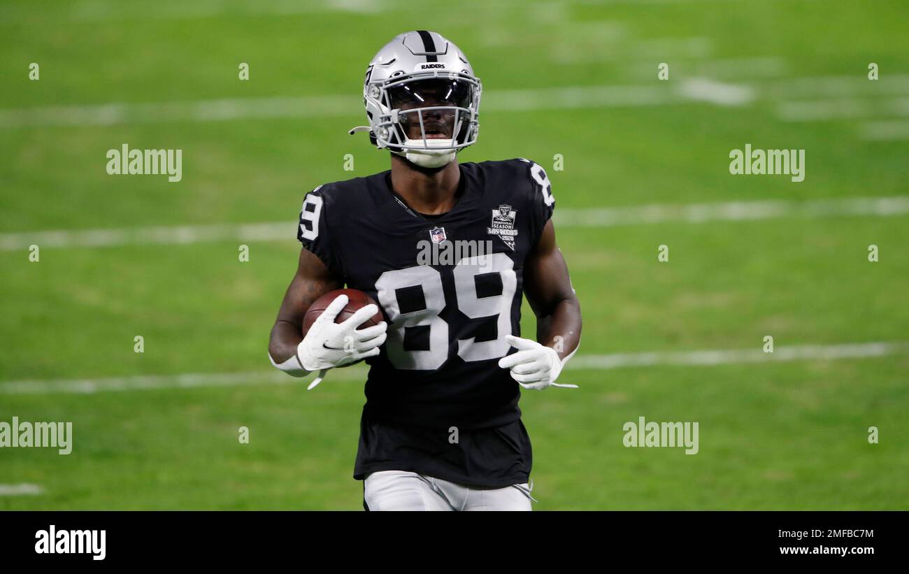 Las Vegas Raiders wide receiver Bryan Edwards (89) warms up before an ...