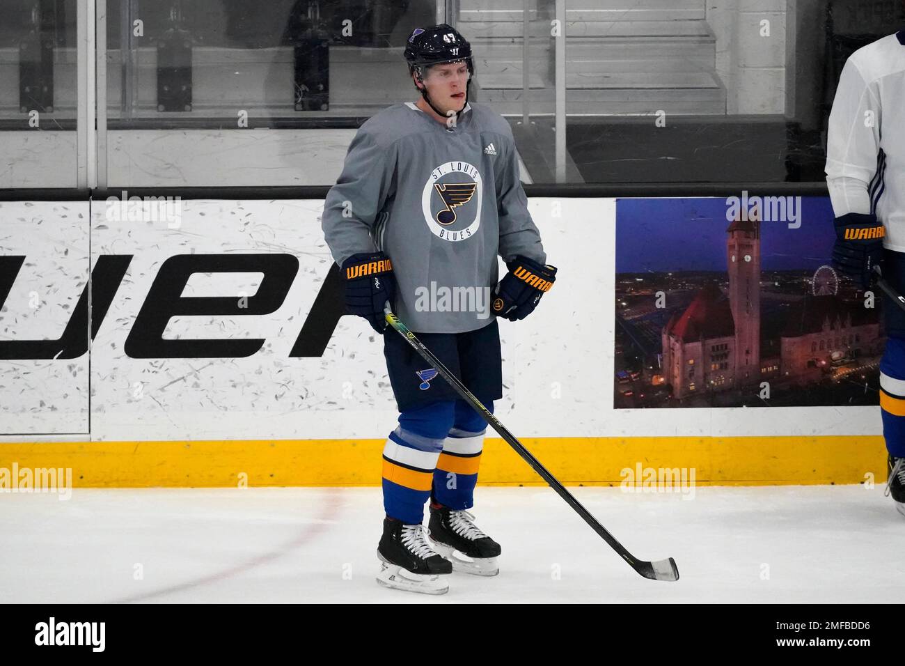 St. Louis Blues' Torey Krug pauses during NHL hockey training camp ...