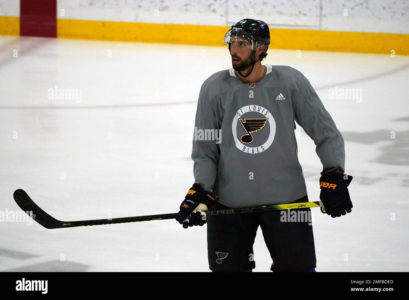 St. Louis Blues' Robert Bortuzzo pauses during NHL hockey training camp ...