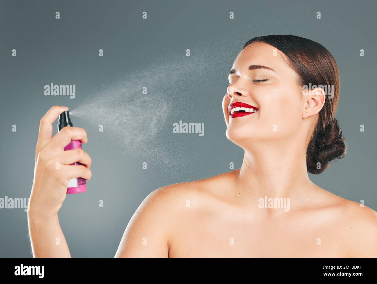 Perfume, woman and luxury beauty product of a model feeling happy about ...