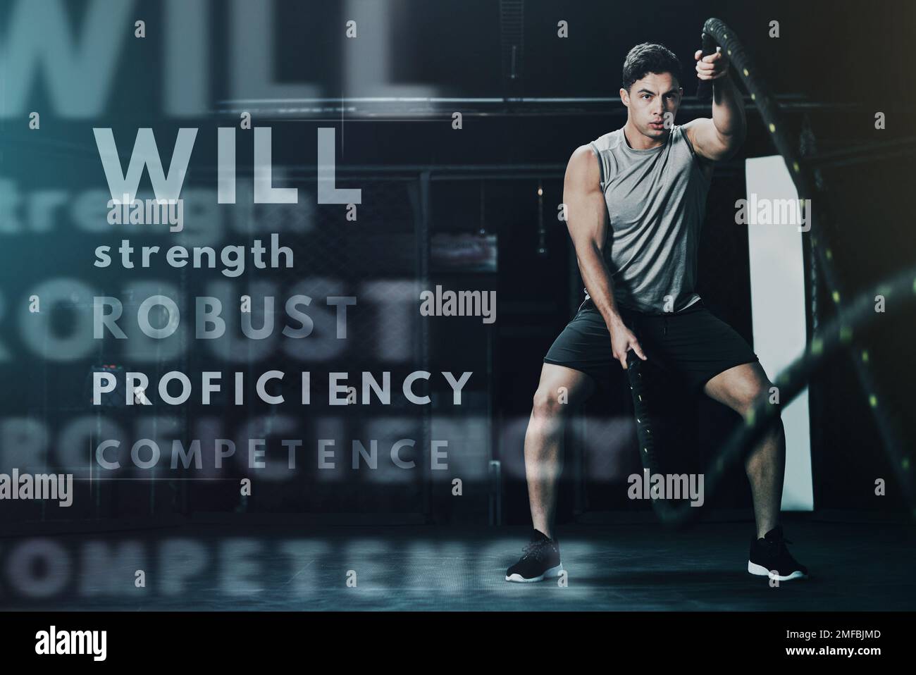 Motivation, fitness and athlete with words for exercise, workout and ...