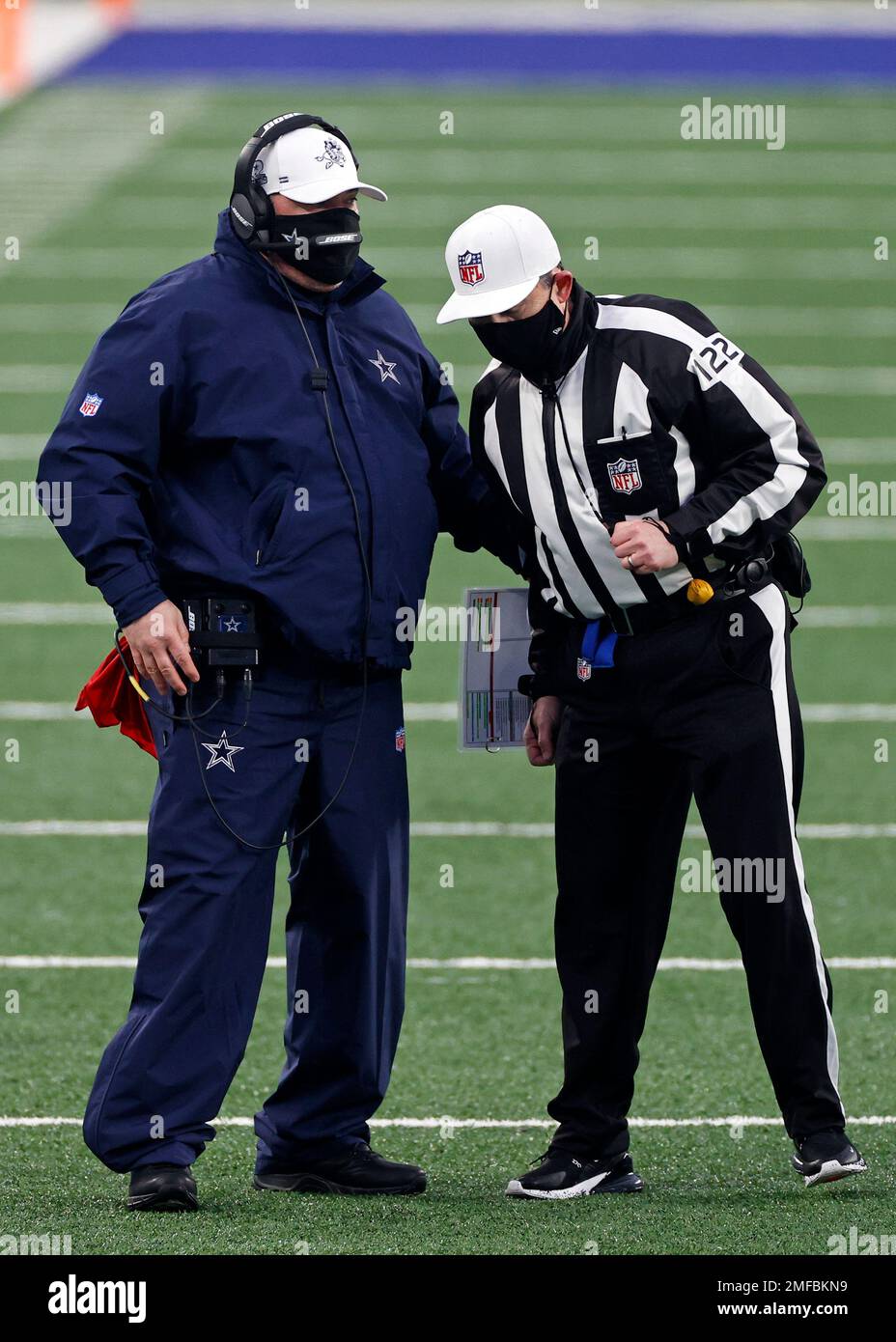 Dallas Cowboys head coach Mike McCarthy talks with referee Brad Allen ...