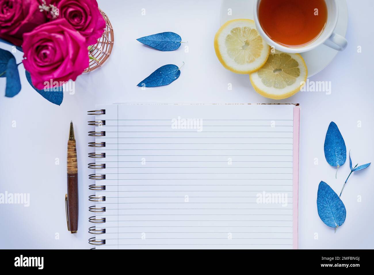 Everything has its place. Studio shot of a diary and pen placed with ...
