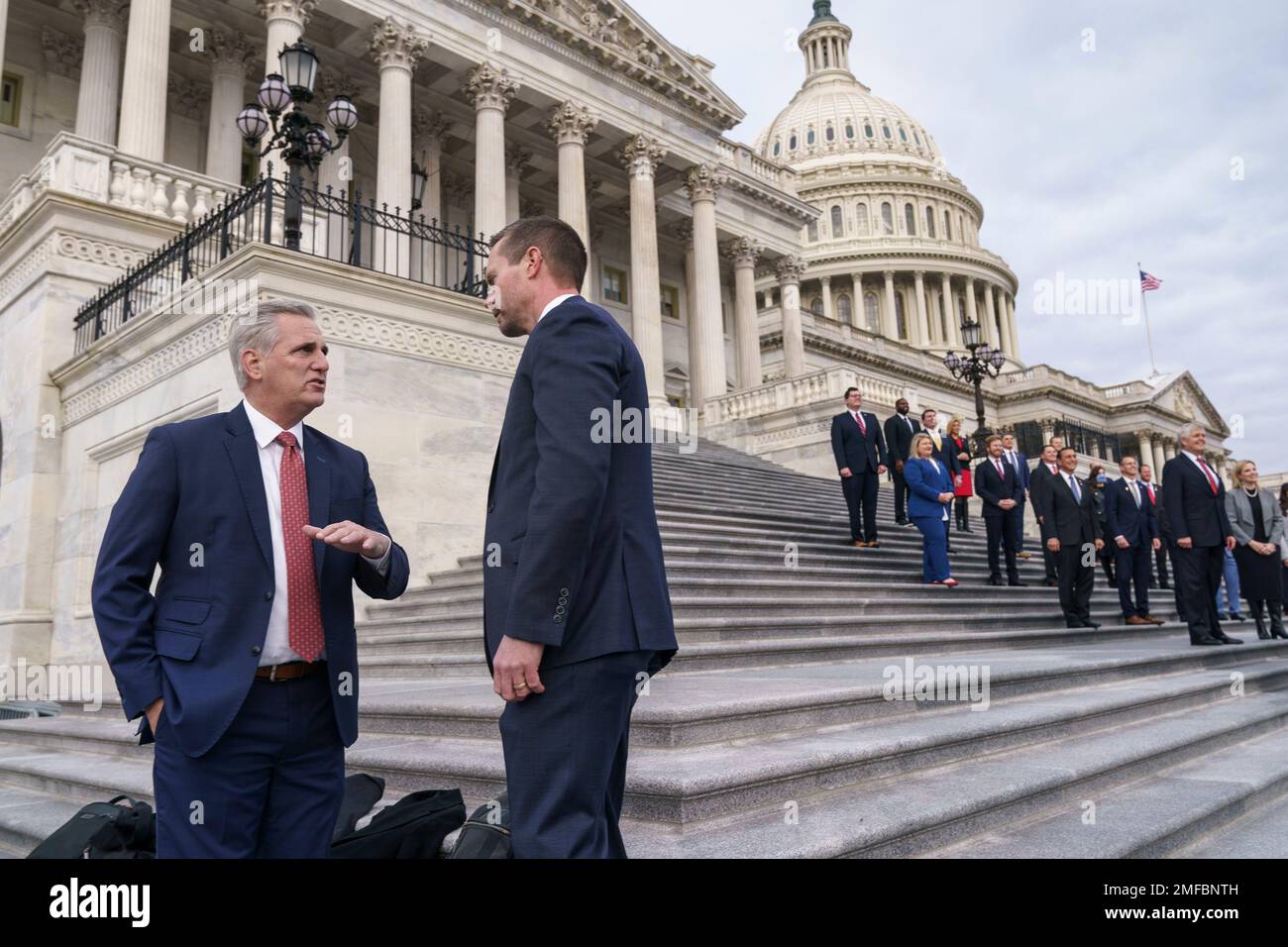 House Minority Leader Kevin McCarthy, R-Calif., left, speaks with Rep. Rodney Davis, R-Ill ...