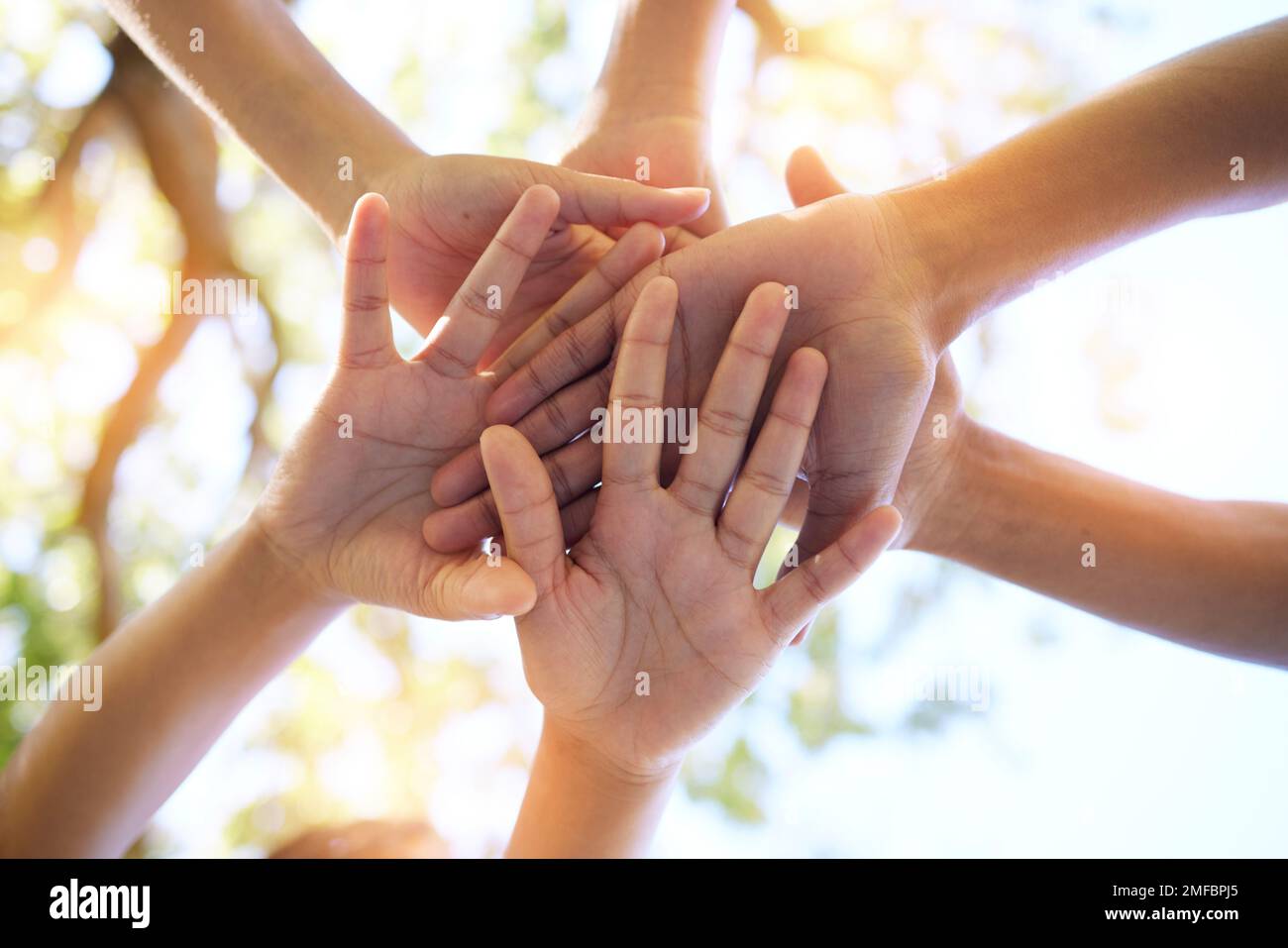 Hands, community and group in unity for trust, support or teamwork ...