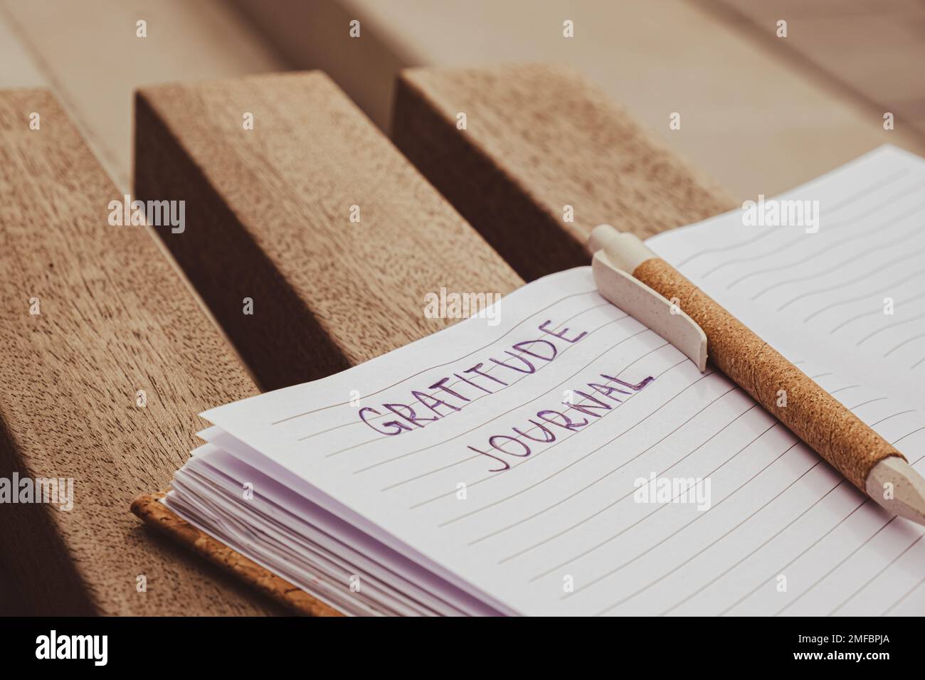 Writing Gratitude Journal on wooden bench. Today I am grateful for ...
