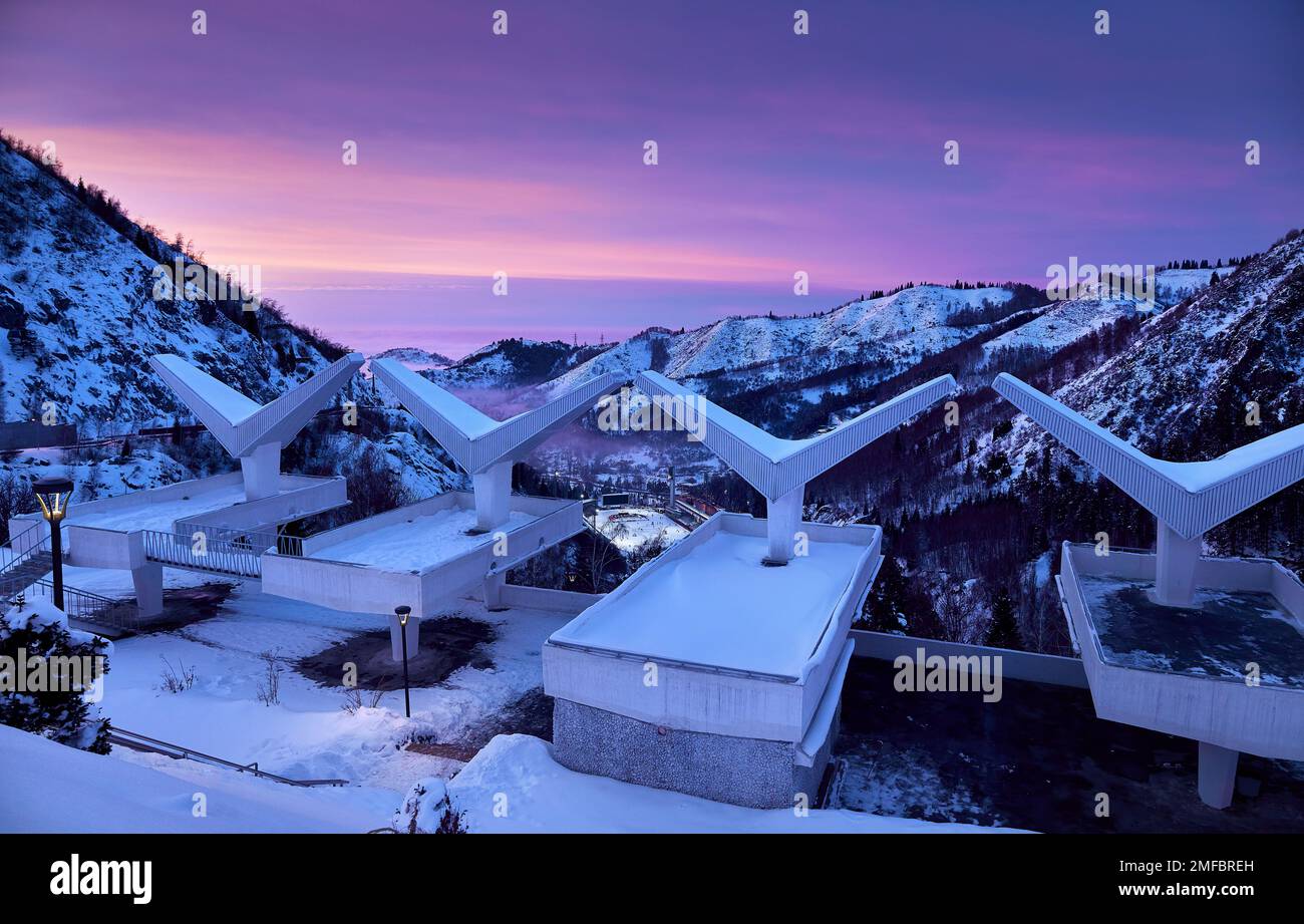 Landscape of glowing Medeu skating rink from cafe swallow old USSR ...