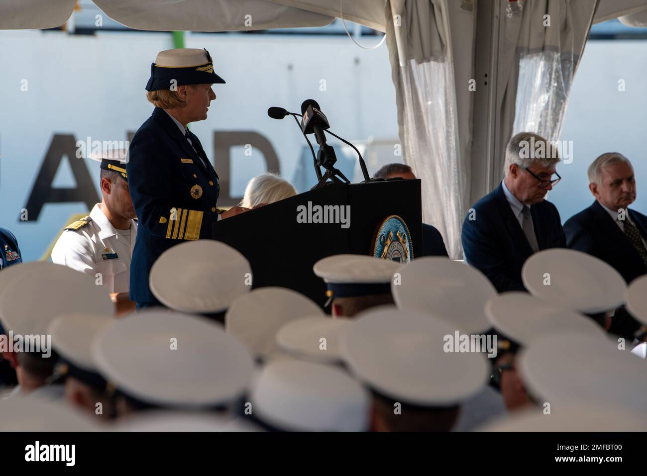 Admiral Linda Fagan, commandant, U.S. Coast Guard speaks during a ...
