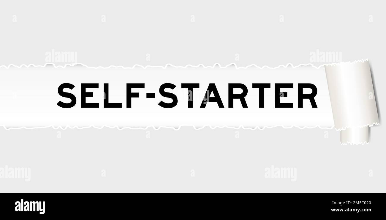 Ripped gray paper background that have word self-starter under torn ...