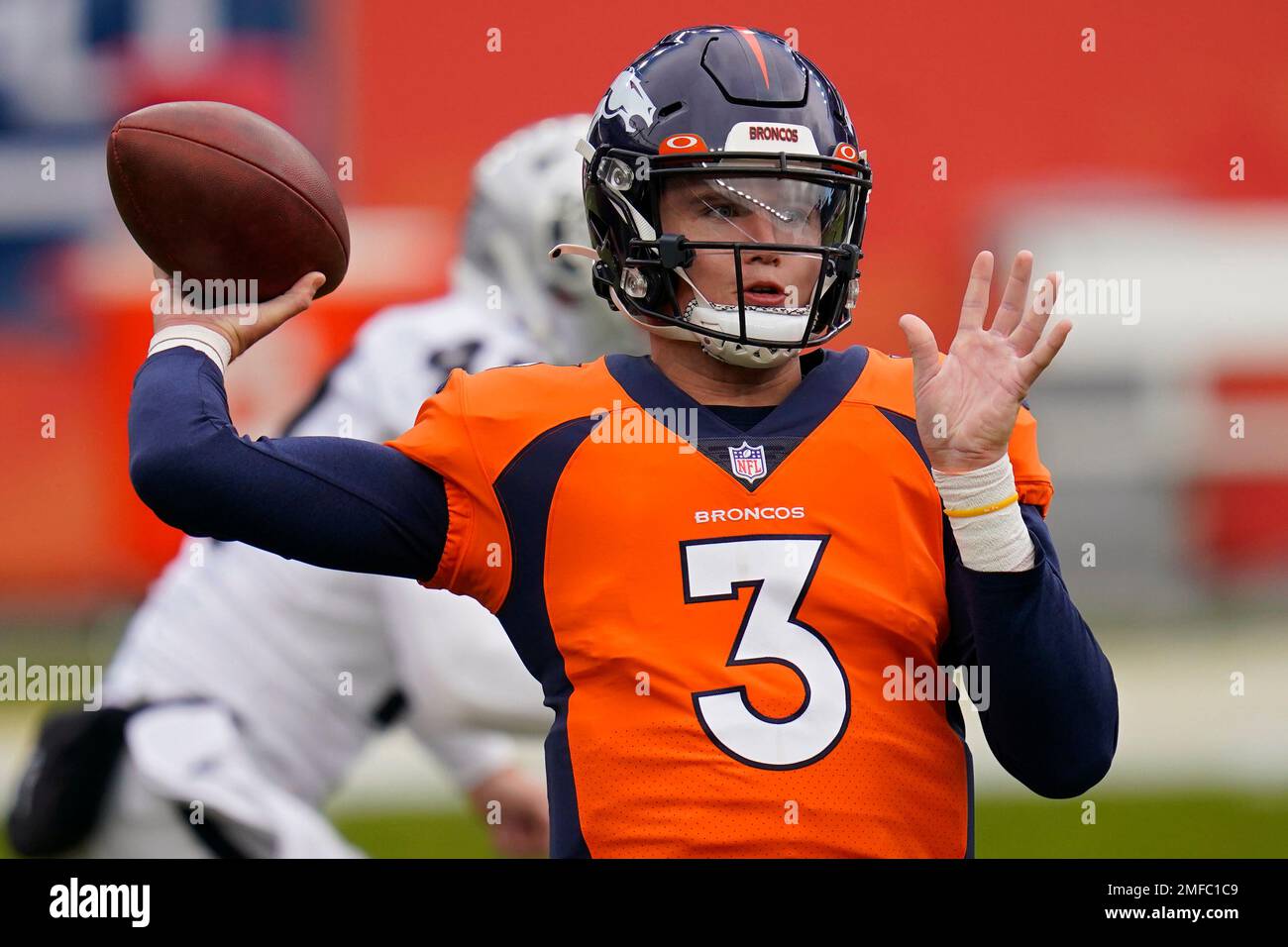 Denver Broncos quarterback Drew Lock (3) warms up before an NFL ...